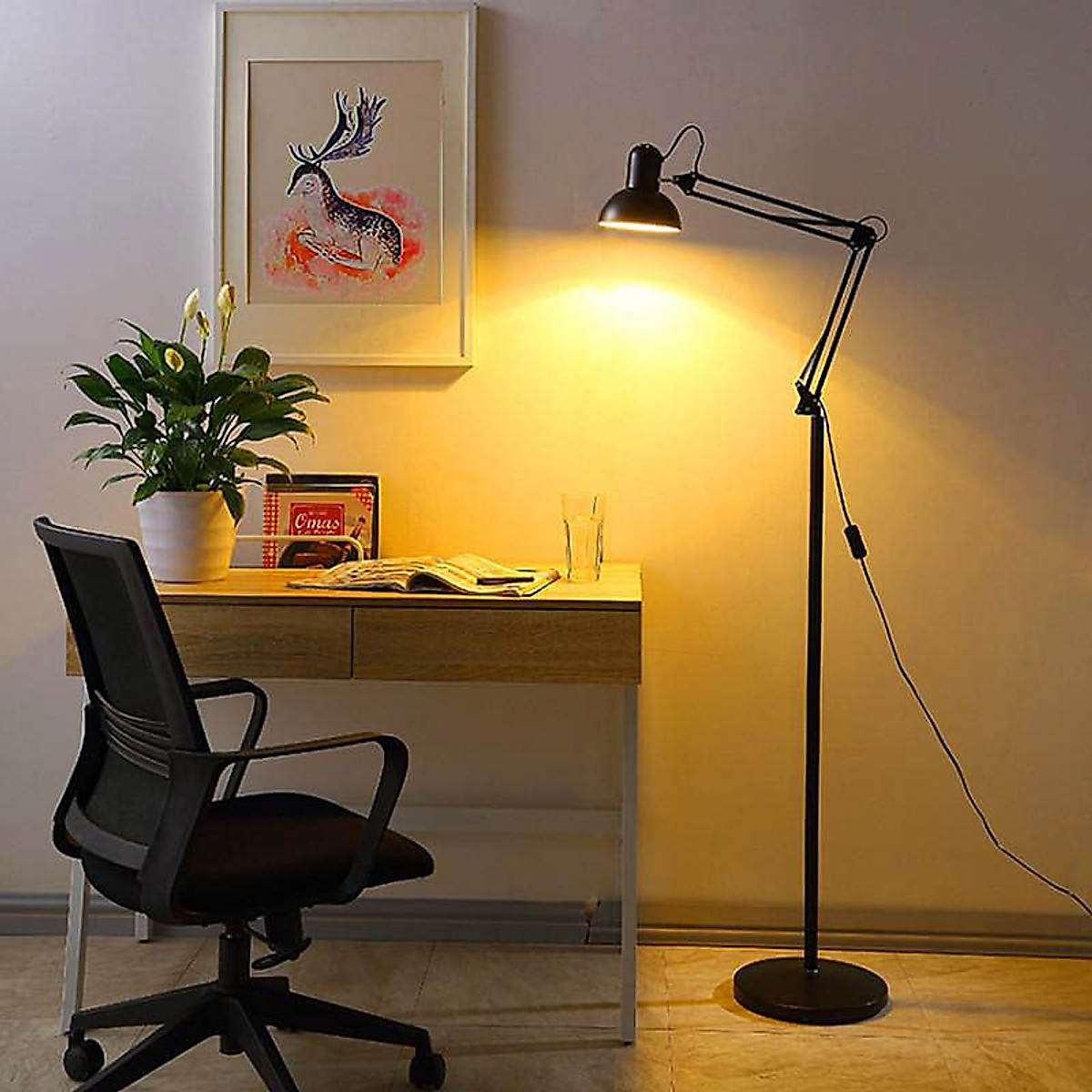 Metal Floor Lamp, Adjustable Architect Swing Arm Standing Lamp with Heavy Duty Base, Eye-Caring Reading/Drawing Lamp with On/Off Switch for Living Room, Bedroom, Study Room, Office