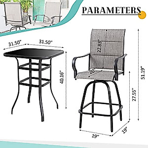 Vongrasig 3 Piece Patio Swivel Bar Set, All Weather Mental Textilene High Swivel Bar Stools Chair Set of 2 and High Glass Bar Table, Outdoor High Top Bistro Set for Lawn Garden, Balcony, Gray