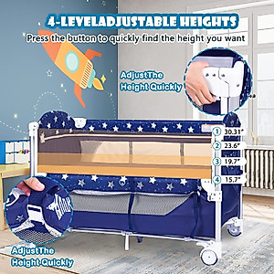 Heyo.Ja Baby Bassinet Bedside Crib, Portable Playard 4 in 1 Convertible Pack and Play with Mattress, Foldable Travel Crib for Girls Boys Infant Newborn (Navy)