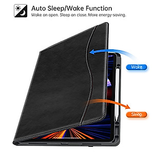 HFcoupe for iPad Pro 12.9 Case 6th Generation 2022 / 5th Gen 2021, 12.9 Inch iPad Pro Cases with Pencil Holder and Pocket, Multiple Angles Viewing Flip Cover Protective Folio Auto Sleep/Wake, Black