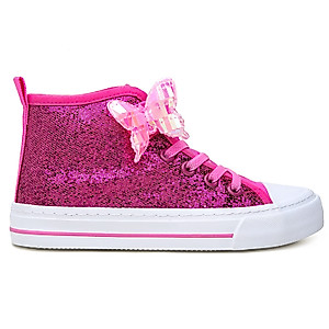 Toandon Girls Kids Sneakers Glitter Canvas Shoes Sparkle High Top Toddler Child Adjustable Hook Loop Straps Velcro Non Slip Lightweight Walking Outdoor Butterfly Pink Size 2