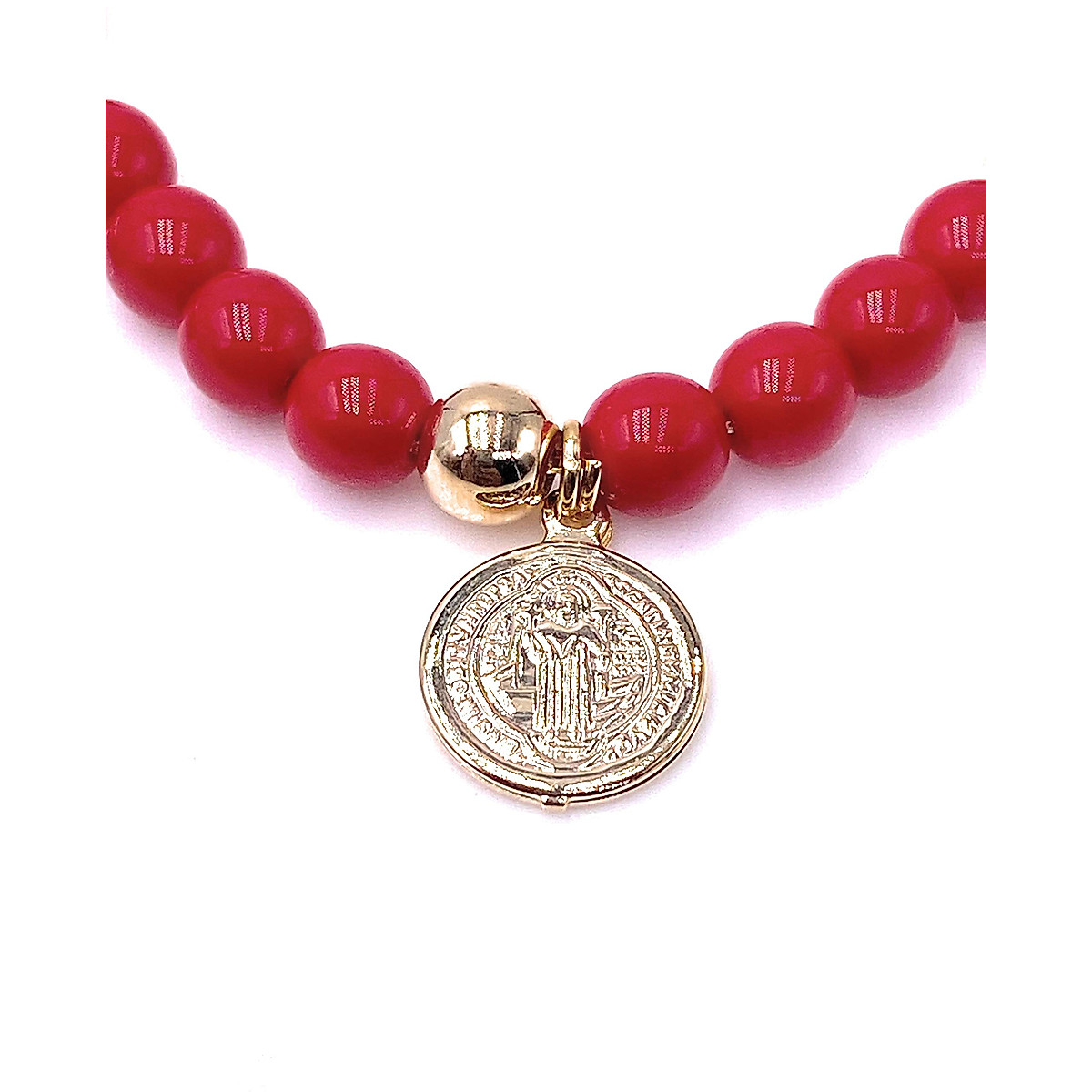 LESLIE BOULES Saint Benedict Red Glass Beads Bracelet Genuine Azabache and Blue Evil Eye Handmade Jewelry