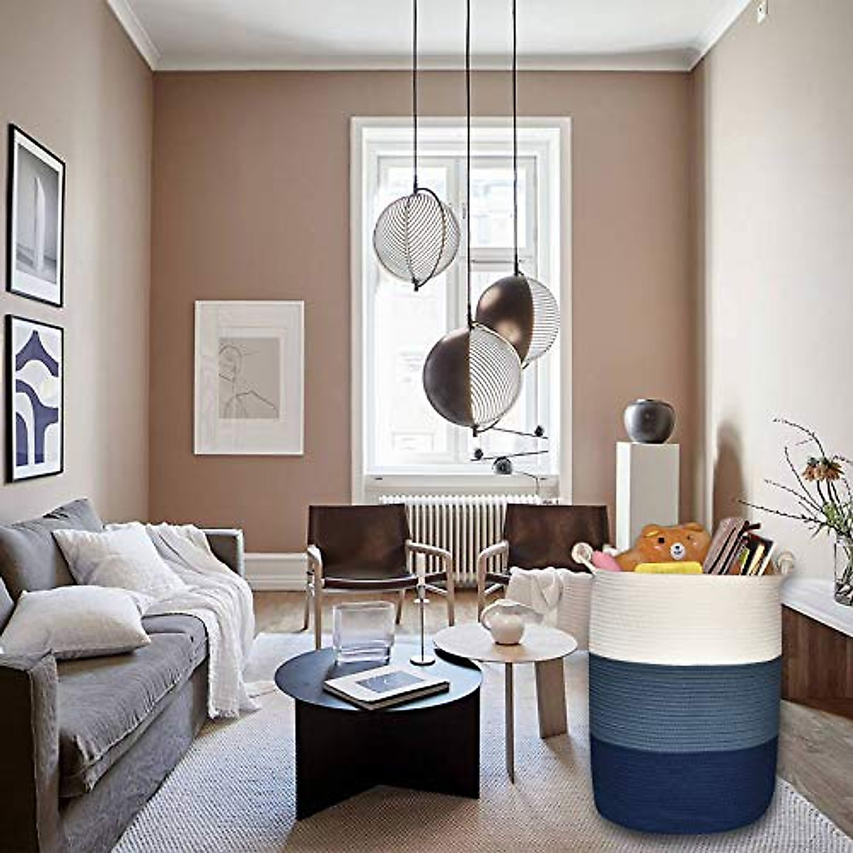 COMSE Extra Large Blanket Basket, High Storage Basket, Tall Rope Laundry Basket, 15.7”x 21.7”, Cotton Rope Basket, XXXL Laundry Basket, Toy Basket, Clothes Baskets,White/Cadet Blue/Navy Blue