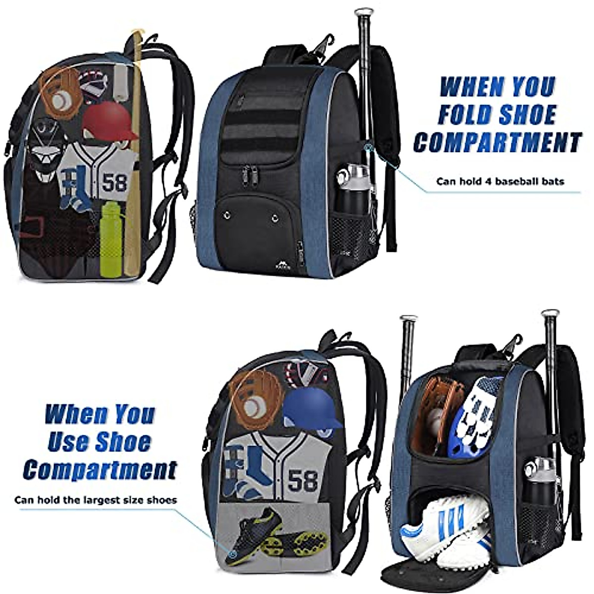 MATEIN Baseball Backpack, Lightweight Softball Bag with Shoes Compartment for Men, Large Capacity Baseball Bags Gift for Adults with Fence Hook Hold 4 Tee Ball Bats, TBall Gear, Helmet