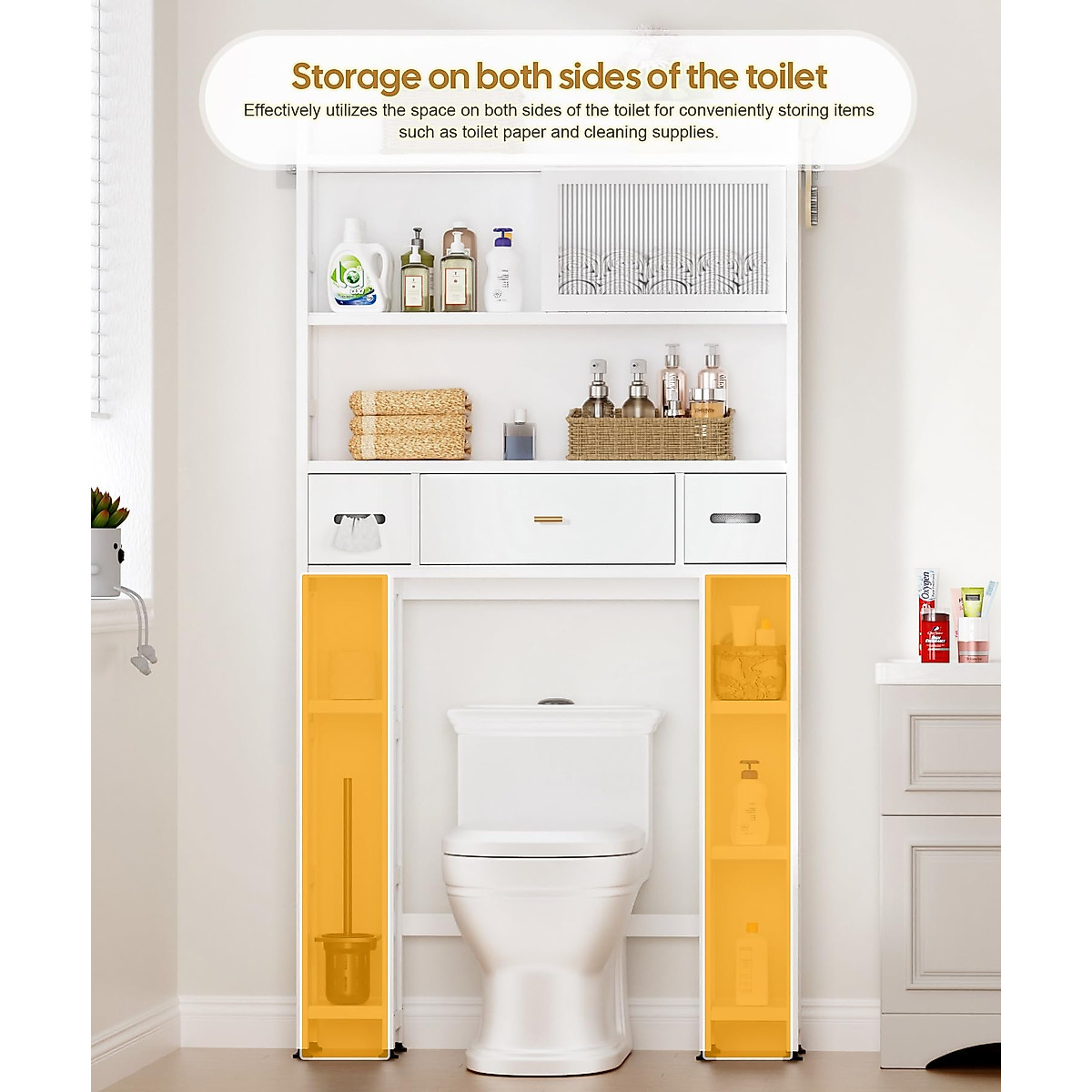 Cozivolife Over The Toilet Storage Cabinet with Acrylic Sliding Door Panel,Bamboo Organizer Shelf with 2 Toilet Paper Drawers and 1 Big Drawer,Toilet Rack for Bathroom (White)