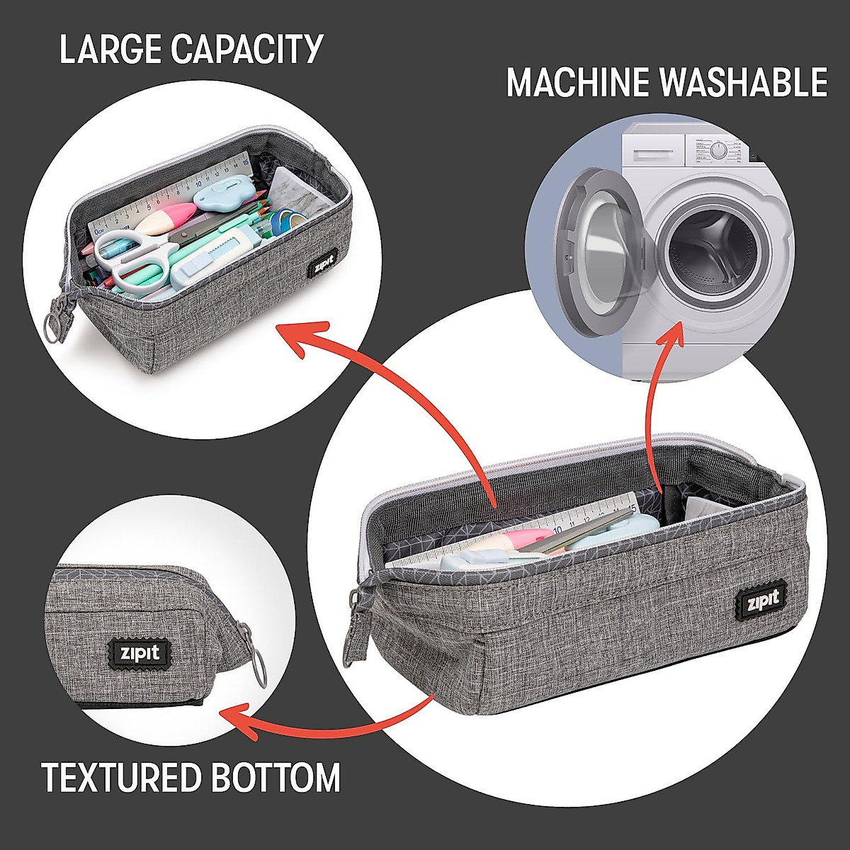 ZIPIT Lenny Pencil Case | Large Capacity Pencil Pouch | Pencil Bag for School, College and Office (Grey)