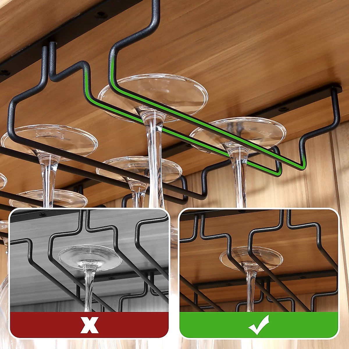 Uten Wine Glass Rack Under Cabinet Wine Glass Holder Iron Stemware Rack Glass Goblet Hanging Storage Organizer for Bar Kitchen Black