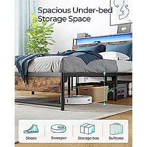LINSY LIVING Full Size Bed Frame with Headboard, Fast Assembly Metal Industrial Bed Frame with Lights & Charging, 14 inch Full Bed Frame with Storage, No Box Spring Needed, Rustic Brown