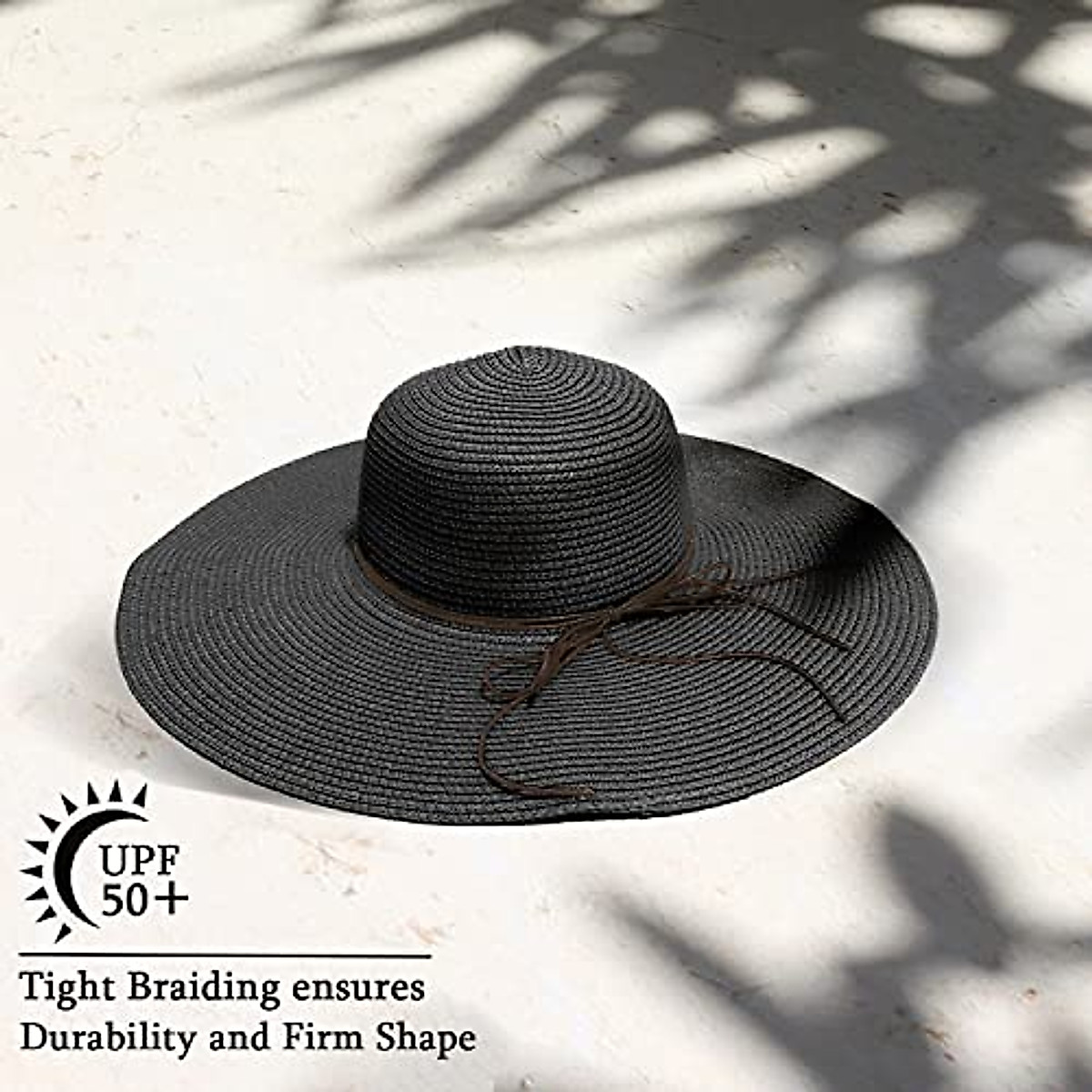 Women Wide Brim Straw Hats,Folable Floppy Sun Hats for Women Uv Protection,Summer Beach Packable Sun Hats UPF 50+ Black