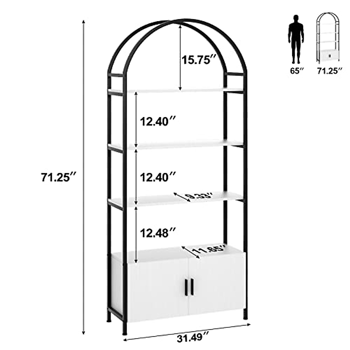 Jehiatek Arched Bookshelf, Bookcase with Doors Storage, 71 Inches Tall Industrial Book Shelf with Sturdy Metal Frame, E1 Quality Boards, Freestanding Display Shelving Unit, Black and White