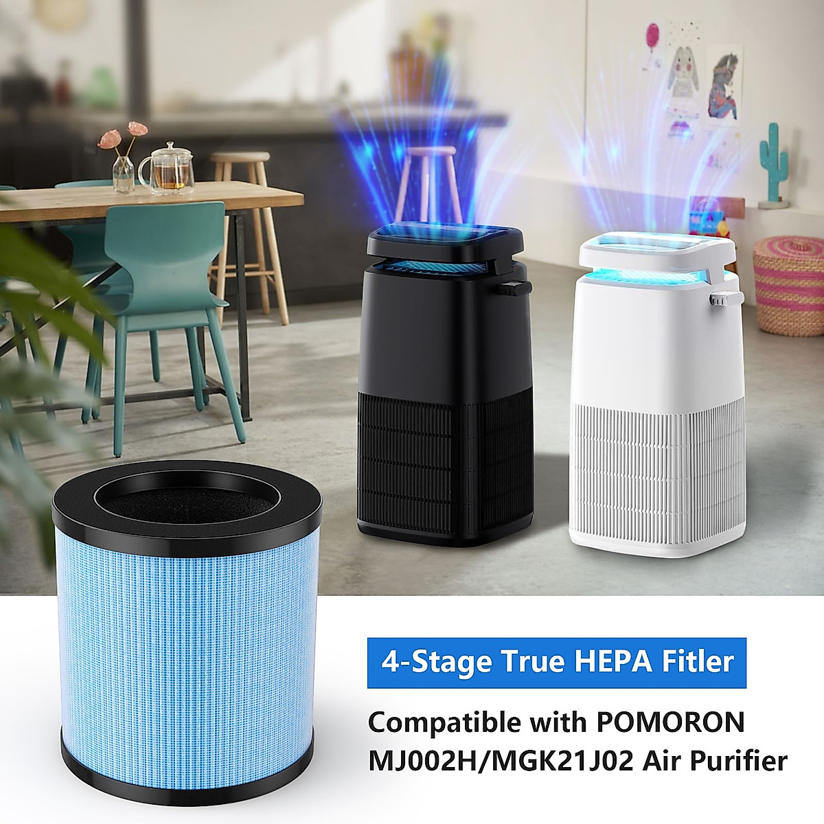 OFFICIAL MJ002H Replacement Filter for POMORON MJ002H/MGK21J02 Air Puri-fier, 4-IN-1 H13 True HEPA Filter, Compared to Part #MJ002H-RF, 2 Pack with Extra 10-Pieces Aroma pad
