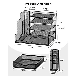 Egepon Office Desk Organizer with Vertical File Folder Holders 5-Tier Paper Letter Tray with Drawer and Hanging Pen Holder Multifunction Office Supplies and Accessories for Office School Home