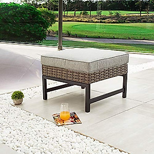 LOKATSE HOME Outdoor Patio Bistro Furniture Ottoman Footstool Rest with Premium Fabric Soft Removable Cushion and Wicker Rattan with Slatted Steel for Garden Yard Lawn Poolside, Grey