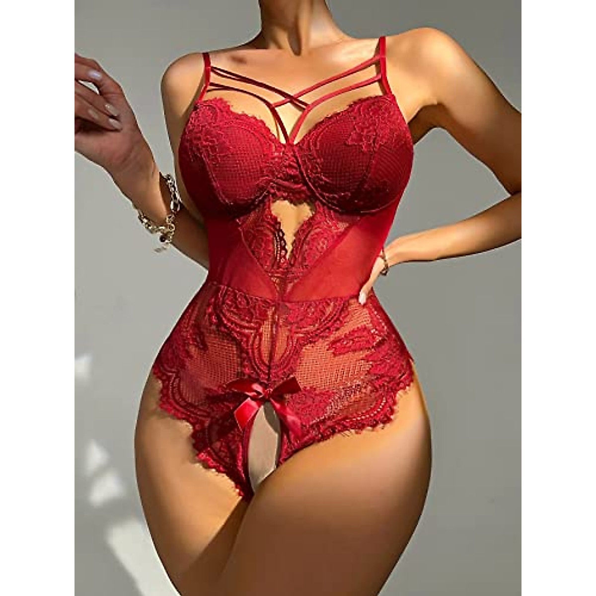 Pyroluna Women’s Lingerie One Piece Floral Lace Teddy Bodysuit Strappy for Boudoir with Bow Cute Nightie (Wine Red, X-Large)