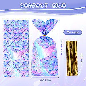 Mikzhskr 30 Pcs Mermaid Party Favors Bags Mermaid Party Decorations Cookie Goodie Candy Gift Bags Little Mermaid Cellophane Treat Bags with 30 Pcs Gold Twist Ties for Mermaid Birthday Party Supplies