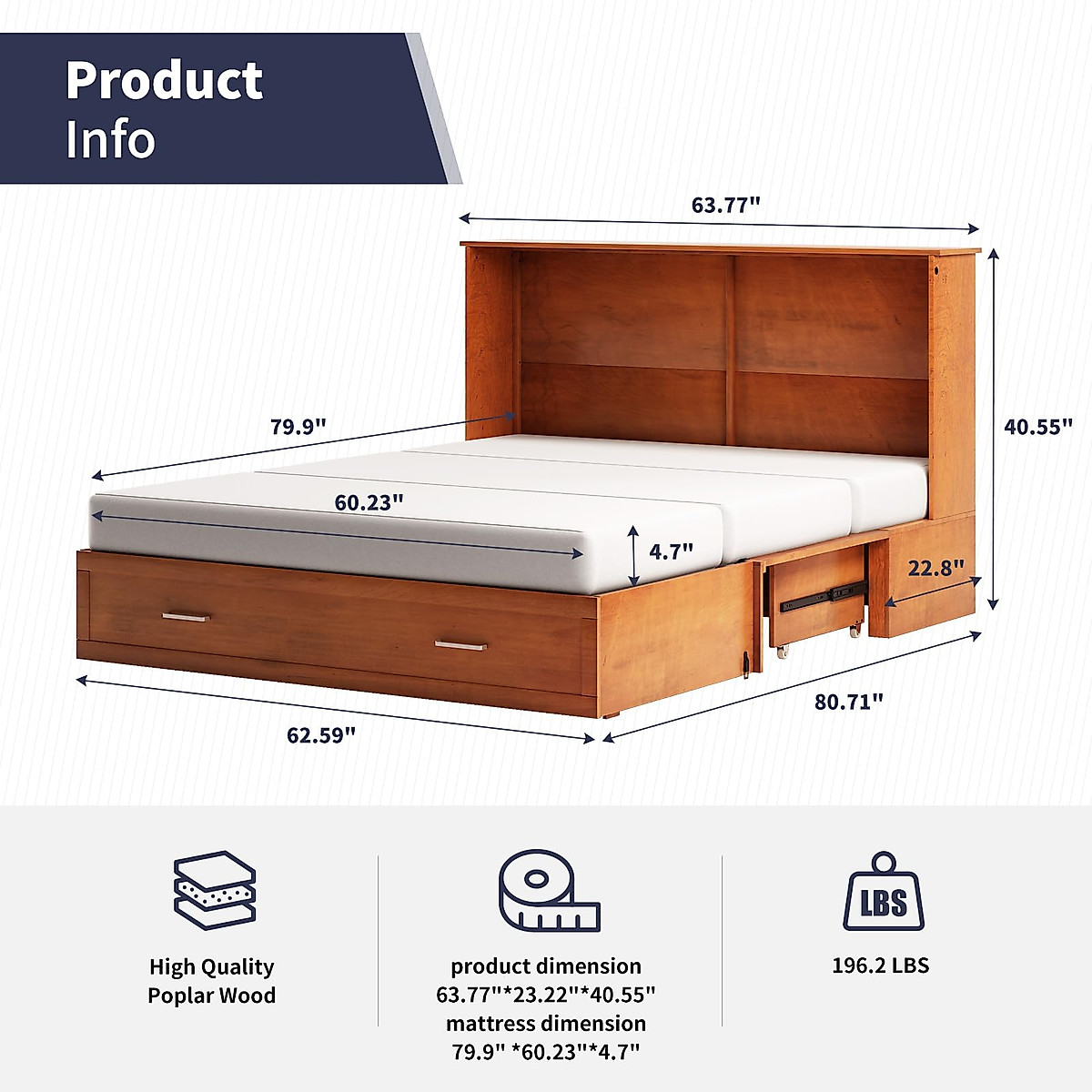 ijuicy Cabinet Murphy Beds with Built-in Charging Station, Solid Wood Cabinet Chest Bed with Folding Mattress, Murphy Cube Chest Bed with Large Drawer for Guest Room, Office-Queen, Cherry