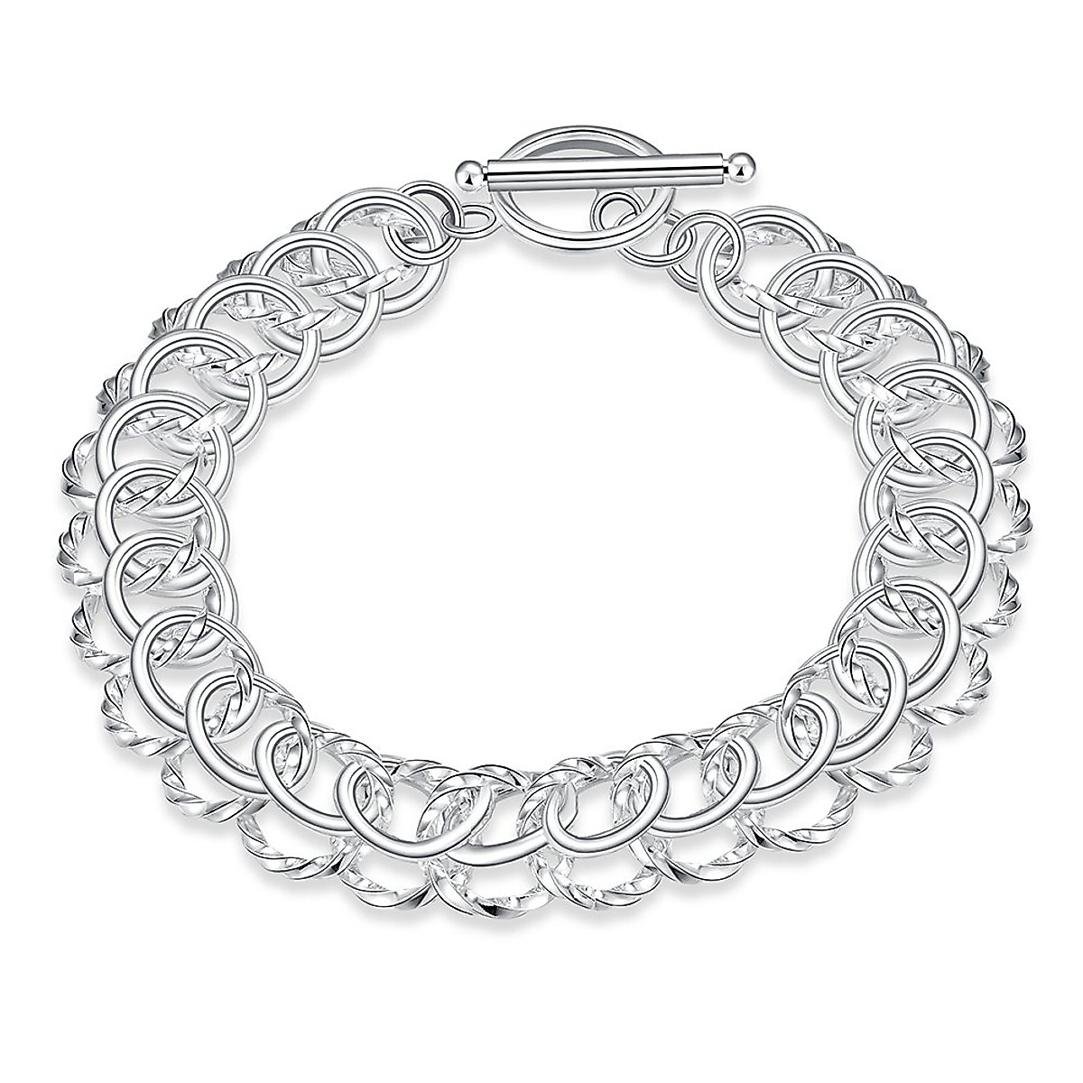 NABTYJC Fashion Sterling Silver 2 Layers Twisted Link Chain Bracelet with Diamond Cut Hight Polish Loops,Toggle Button 8" Gift for Women Men Teens