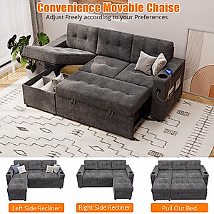 GarveeHome Sectional Couch,Sleeper Sofa with Pull Out Bed,L-Shaped Sofa Couch Bed,1 USB-A, 1 Type-C,Sofa Bed- 2 in 1 Pull Out Couch Bed with Storage Space and Arms for Living Room,Dark Gray
