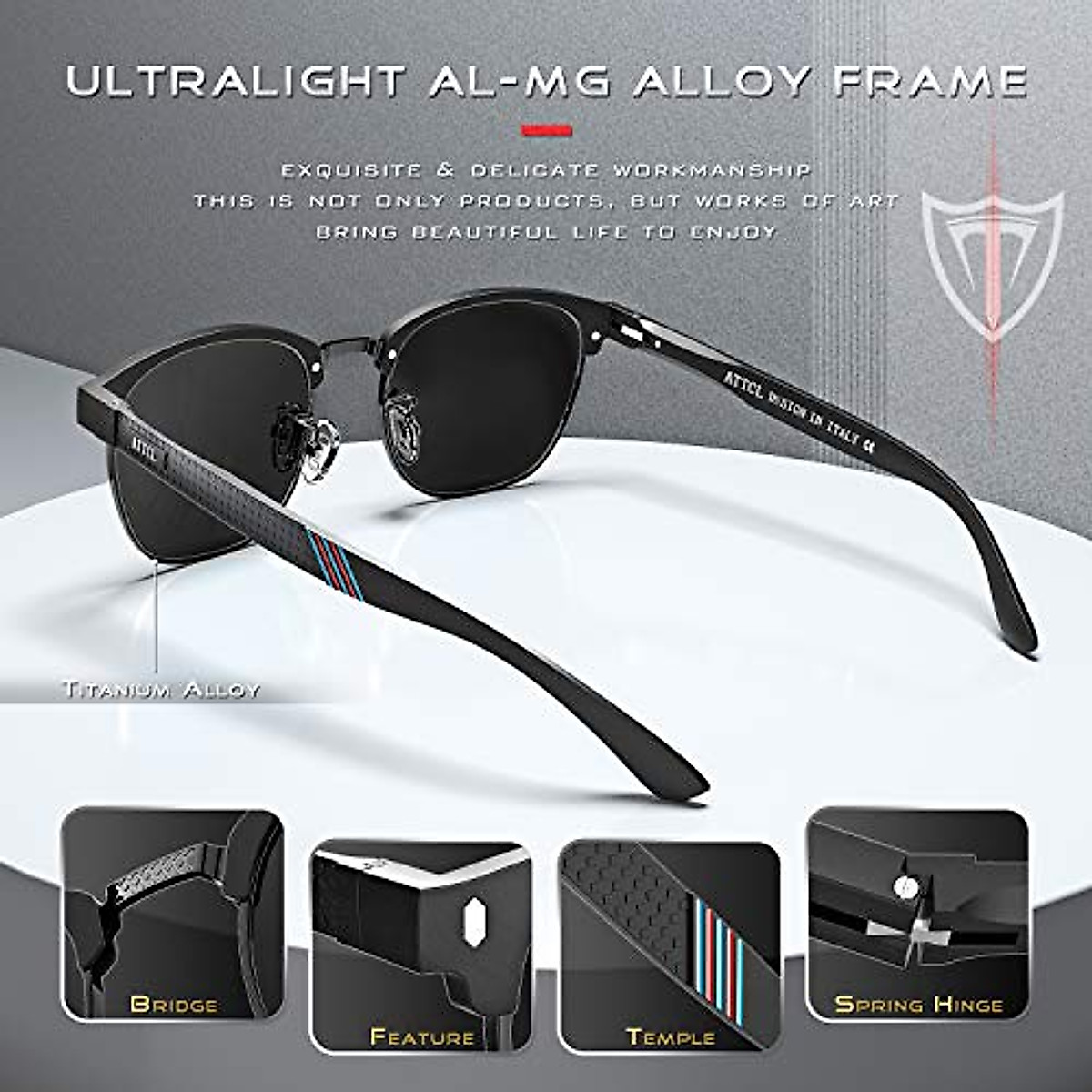 ATTCL Men's Driving Polarized Rimless Sunglasses Al-Mg Metal Frame Ultra Light 8-188 Black