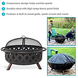 Sunnydaze Black Crossweave Heavy-Duty Steel Outdoor Fire Pit - Includes Spark Screen, Poker and Cover - 36-Inch Round