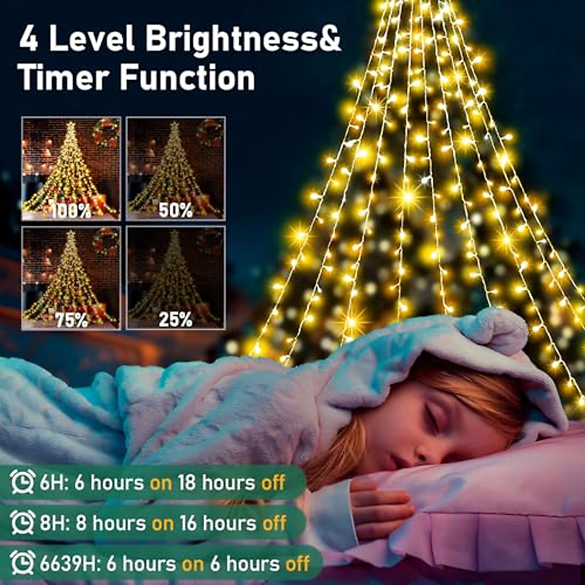 XURISEN Outdoor Christmas Decorations Star Light,11.8 ft 337 LED Waterfall Tree Lights with Topper Star String Lights Plug in, 8 Modes Christmas Lights for Party Home Holiday Decor(Warm White)