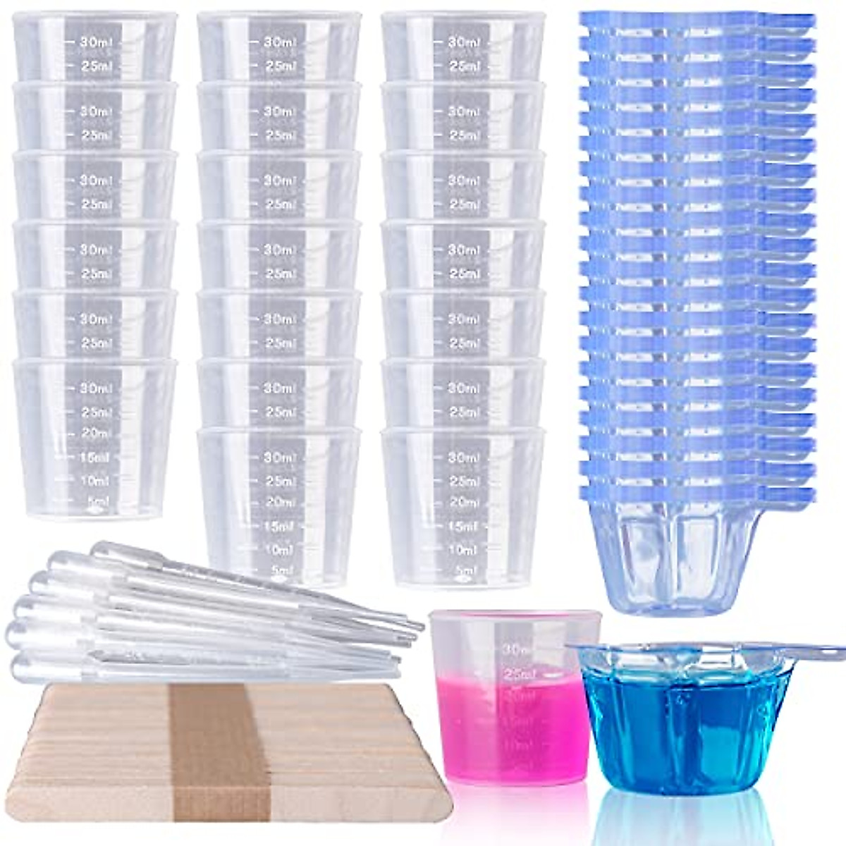LET'S RESIN Epoxy Mixing Cups Kit,200Pcs Plastic Resin,30ml Disposable Measuring Cups,50 Wooden Stirring Sticks, Dropper, Mixing Cups for Epoxy Resin, Paint Mixing, Jewelry Making