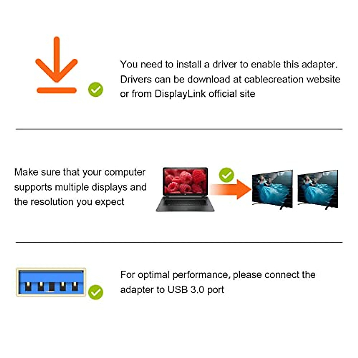 CableCreation USB HDMI Adapter with DisplayLink Chip, USB 3.0 to HDMI ...