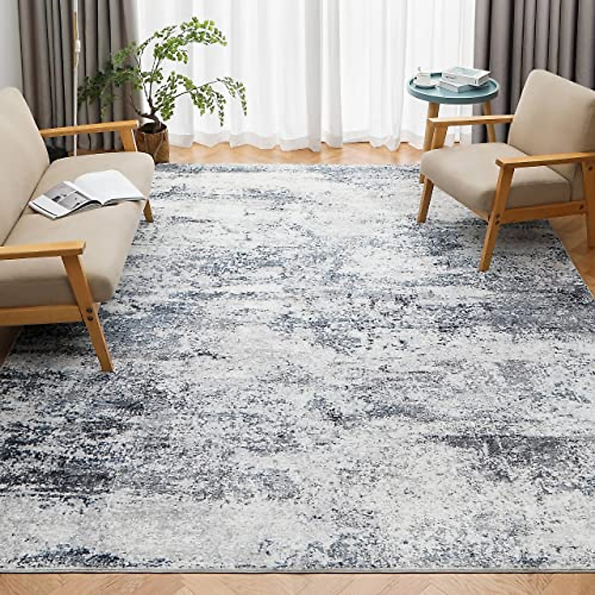 Area Rug Living Room Carpet Bedroom: 8x10 Indoor Abstract Soft Fluffy Pile Large Rugs with Low Shaggy for Bedroom Dining Room Home Office Decor Under Kitchen Table Washable Blue/Gray