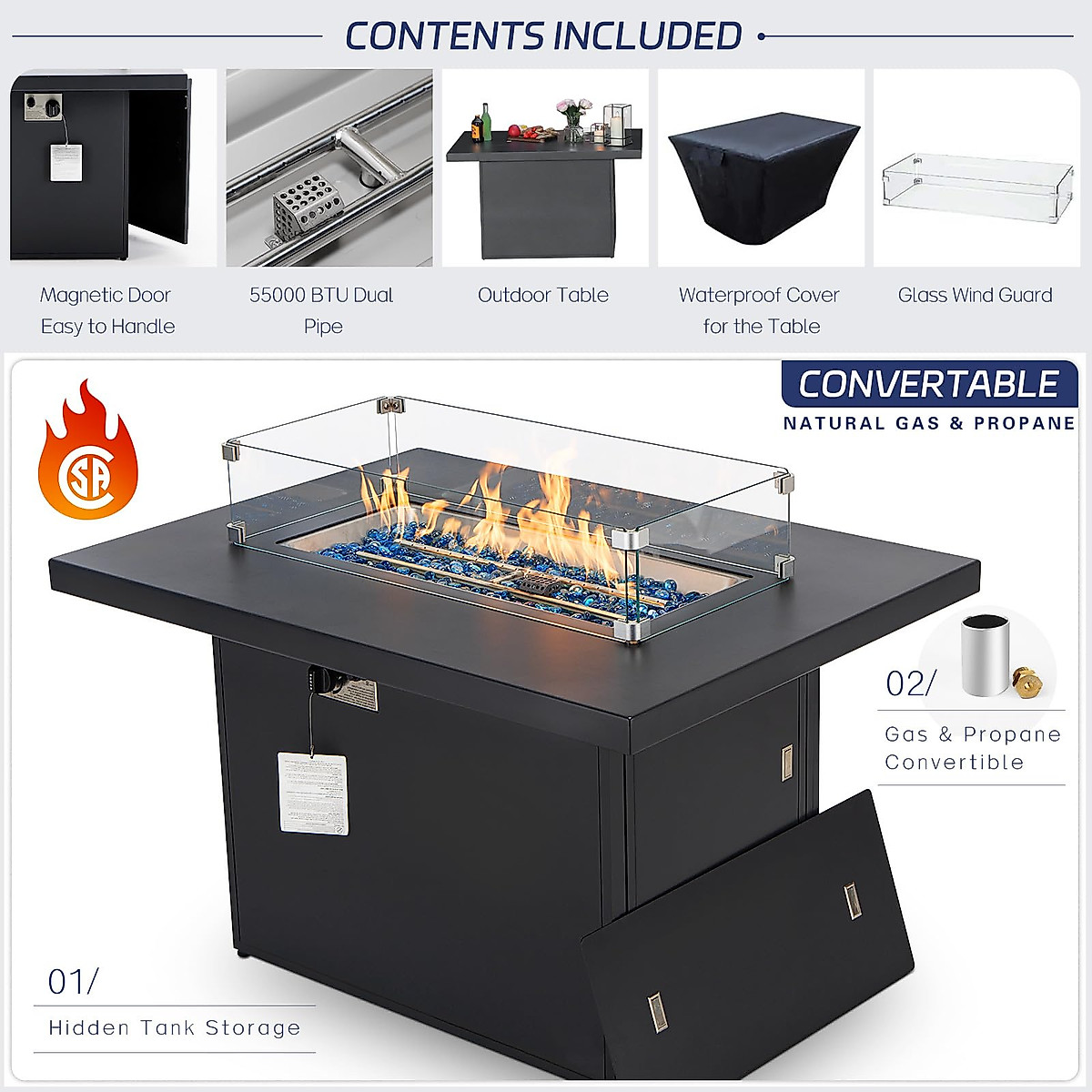 BULEXYARD Aluminum Patio Furniture Set with 43" Propane Gas Fire Pit Table, 9 Pieces Outdoor Furniture Sectional Sofa Large Conversation Sets (9 Pcs-A, Grey/Light Grey W/Firepit)