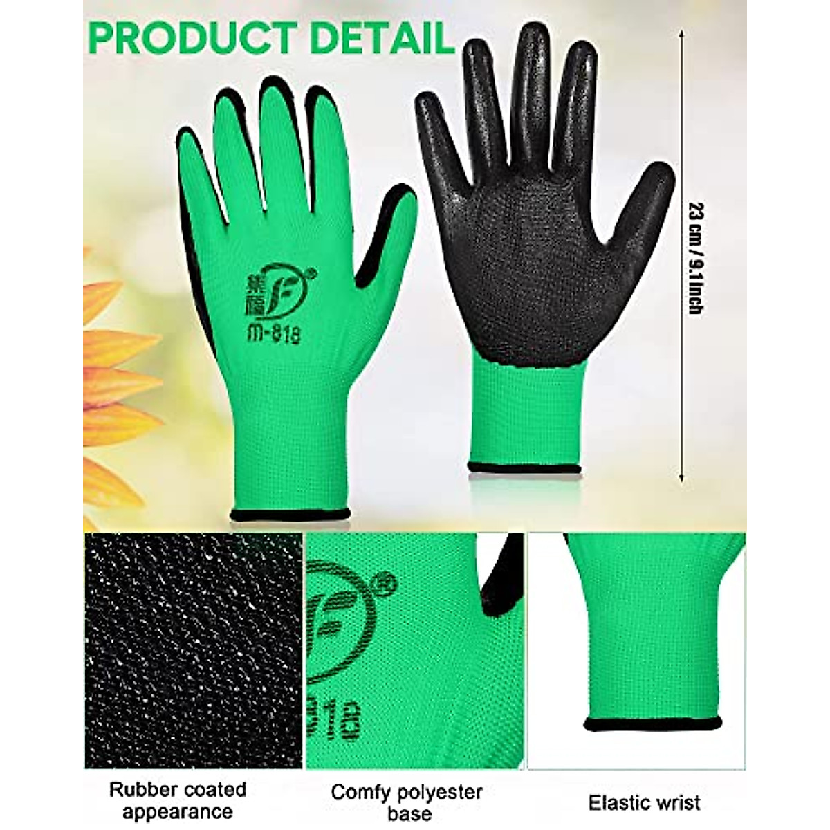 Honeydak 36 Pairs Gardening Gloves for Men Women Breathable Rubber Coated Garden Gloves Men Safety Work Gloves (Black, Green)
