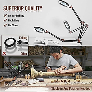 LANCOSC Magnifying Glass with Light and Stand, 5X 5 Inches Real Glass Lens, 3 Color Modes Stepless Dimmable LED Desk Lamp, Adjustable Arm Lighted Magnifier Light for Reading Repair Crafts - Black Gold