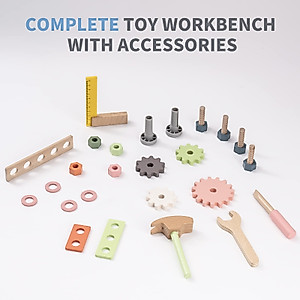 ROBOTIME Tool Bench Set for Toddlers - Mini Wooden Work Bench for Kids, Construction Toys w/Wooden Tools, Educational Pretend Play Gift Building Toy Tools Set for 18 Months 2 3 4 5 Boys Girls