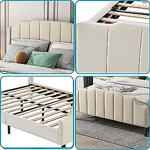 Queen Size Velvet Upholstered Platform Bed Frame with Comfortable Headboard, Modern Elegant Platform Bed with Sturdy Wood Slats Support & Footboard for Bedroom Girls, No Box Spring Needed (Beige)
