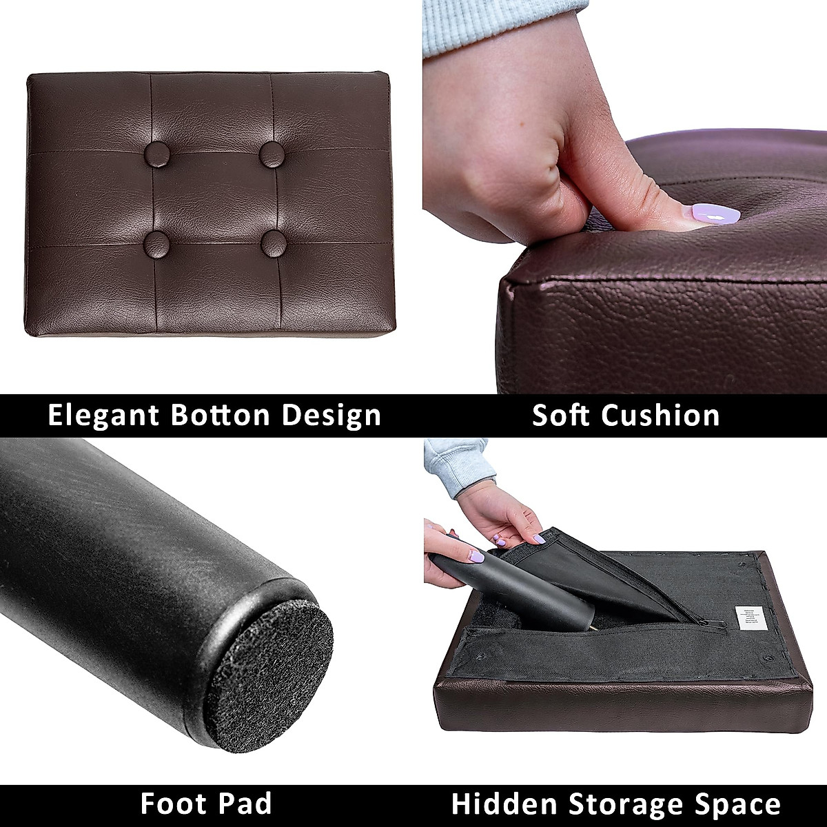 CAROLMADE 15” Ottoman Foot Rest, PVC Small Ottoman Foot Stool with Legs Modern Footstool Ottomans for Living Room Entryway Office, Brown