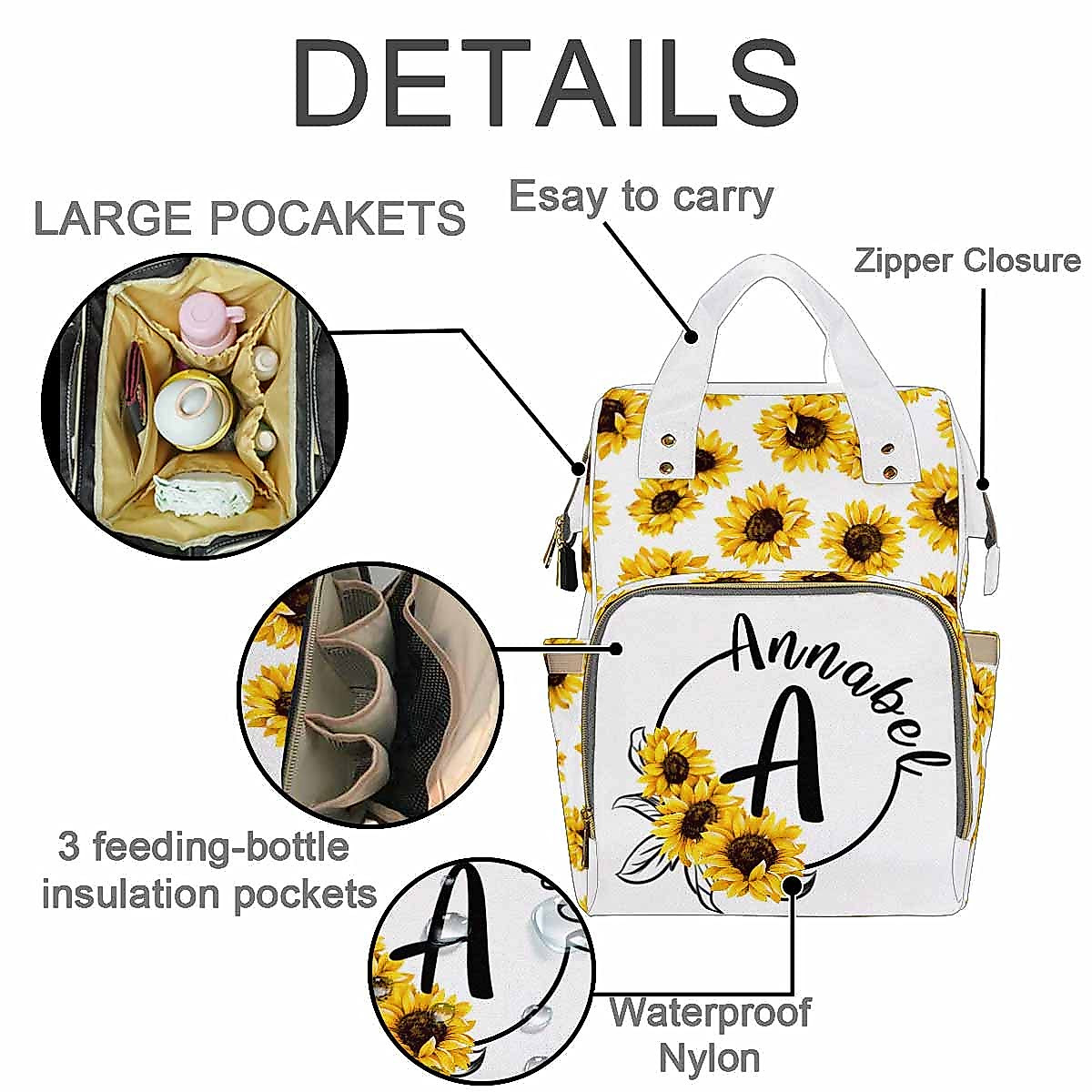 Personalized Name Diaper Bag Backpack for Baby, Custom Sunflower White Baby Bags for Boys & Girls Baby Daycare Bag Monogrammed Baby Shower Gifts