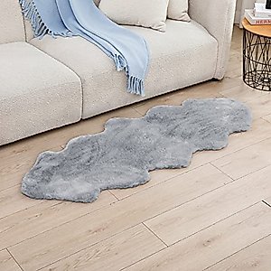 Vamcheer Faux Rabbit Fur Rug - 2x6 Feet Super Soft Fur Bedside Rugs, Light Grey 800GSM Comfy Fluffy Shaggy Furry Area Rugs for Bedroom Floor Sofa Living Room, Non-Slip Plush Fuzzy Runner Rugs Carpet