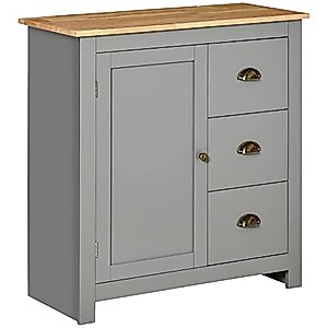 HOMCOM Modern Kitchen Cabinet, Storage Sideboard, Buffet Table with Rubberwood Top, 3 Drawers and Cabinet with Adjustable Shelf, Grey