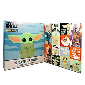 Baby Yoda Countdown to Christmas Advent Calendar Sock Set - Bundle of 12 Pair of Star Wars Socks Kid Size 10-4 and Stickers | Mandalorian Sock Box Set