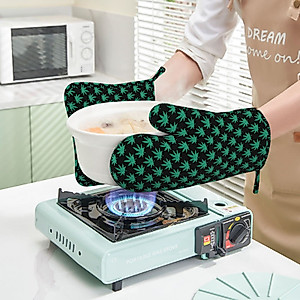 Green Marijuana Leaf Oven Mitts and Pot Holders Sets Non-Slip Silicone Oven Glove Cooking Potholder