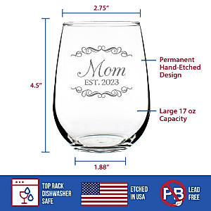 Mom Est 2023 - New Mother Stemless Wine Glass Gift for First Time Parents - Decorative 17 Oz Large Glasses