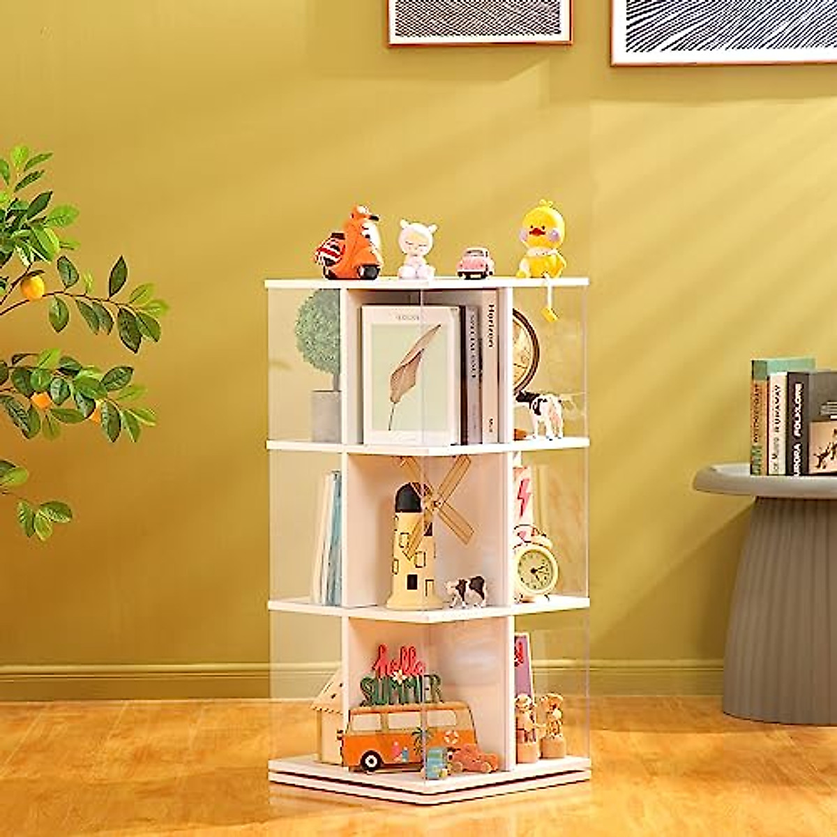 Wesiti 360 Degree 31.1 in Tall Rotating Bookshelf 3 Tier Floor Standing Bookcase with Acrylic Windows Spinning Plywood Storage Book Tower Revolving Bookcase for Kids Classroom Playroom Bedroom, White