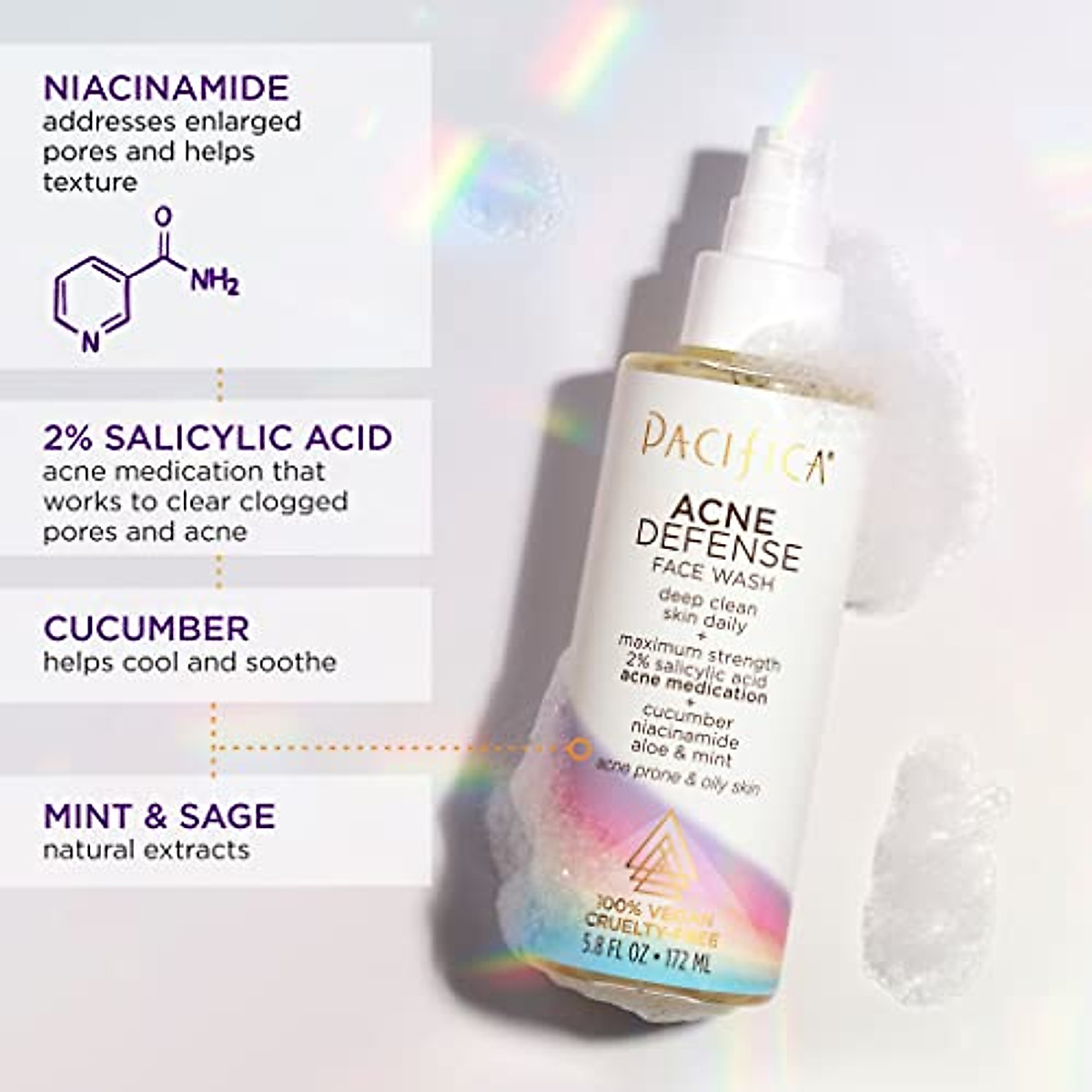 Pacifica Beauty Acne Defense Face Cleanser | 2 Pack | Salicylic Acid, Cucumber, & Aloe Daily Facial Wash | For Oily and Acne Prone Skin | 100% Vegan & Cruelty-Free | Sulfate + Paraben Free