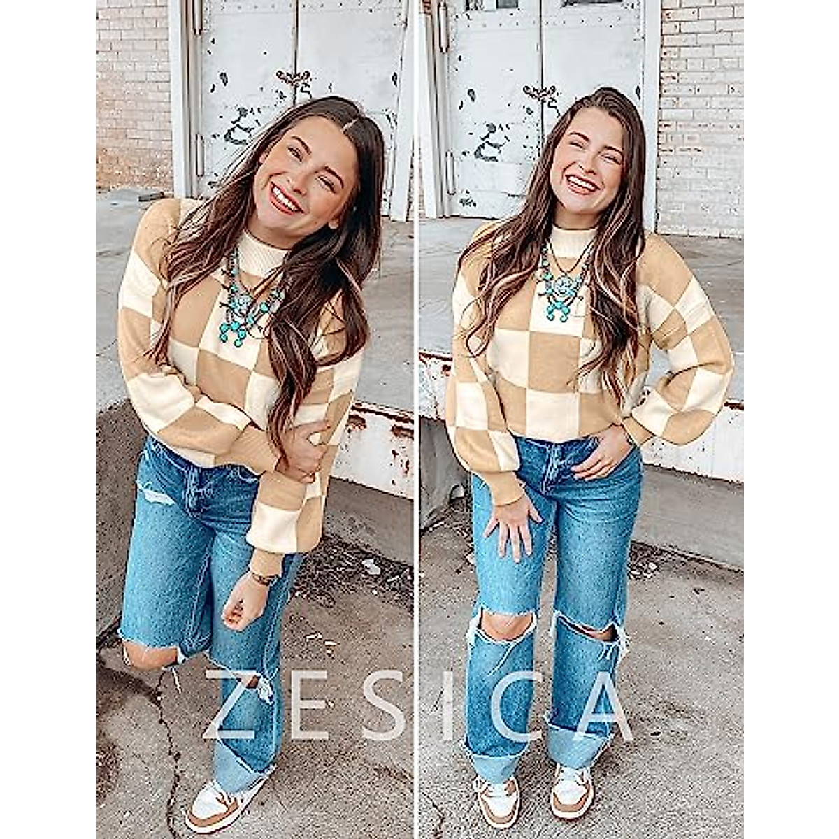 ZESICA Women's 2023 Fall Fashion Turtleneck Long Sleeve Striped Ribbed Knit Loose Pullover Sweater Tops,KhakiPlaid,Small