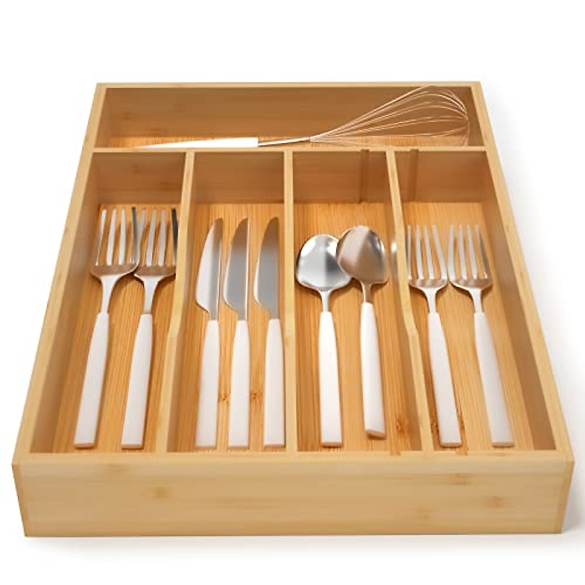 CALM COZY Kitchen Silverware Organizer, Bamboo Drawer Organizer with Adjustable Compartments Utensils Holder