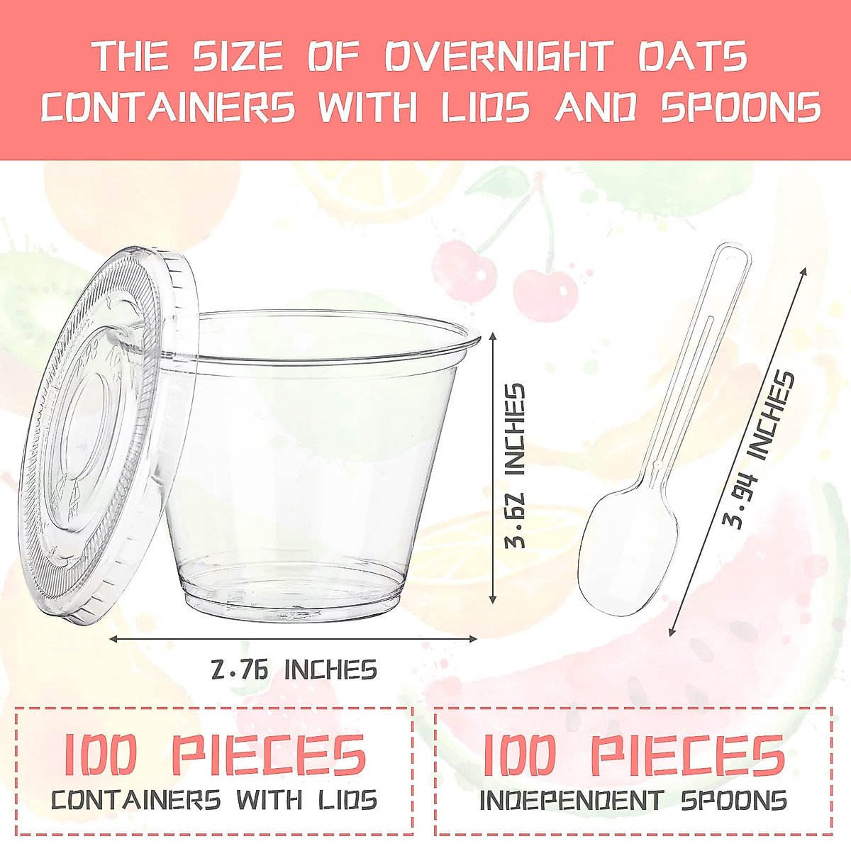 200 Pcs 9 oz Disposable Overnight Oats Jars Container with Lids and Spoons Set, Include 100 Pieces Plastic Yogurt Parfait Cups with Lids and 100 Pcs Spoons for Breakfast Snack Fruit, Veggies and Dips
