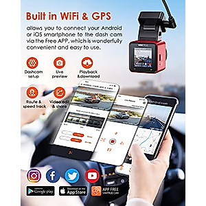 Vantrue E1 2.7K WiFi GPS Mini Dash Cam 1944P Voice Control 1.54" LCD Front Red Car Camera with Free APP, Night Vision, 24 Hours Buffered Motion Parking Mode, Wireless Controller, Support 512GB Max