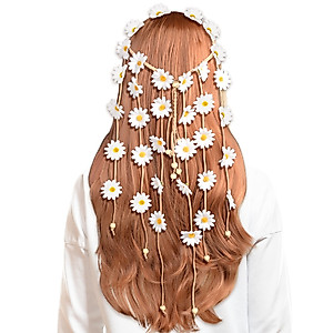 Sucrain 1pcs Flower Hippie Headband Floral Crown Summer Sunflower Hair Accessories for 70 s Bohemian Costumes Style (White)