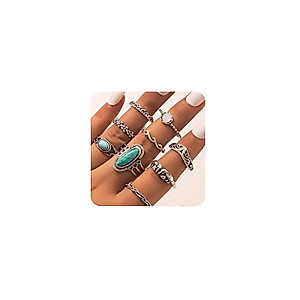 Octwine 9Pcs Bohemian Statement Knuckle Silver Rings Set Turquoise Finger Ring Elephant Midi Vintage Rings Punk Leaf Ring for Women