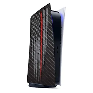 MightySkins Carbon Fiber Gaming Skin for PS5 / Playstation 5 Digital Edition - Thin Red Line | Durable Textured Carbon Fiber Finish | Easy to Apply | Made in The USA