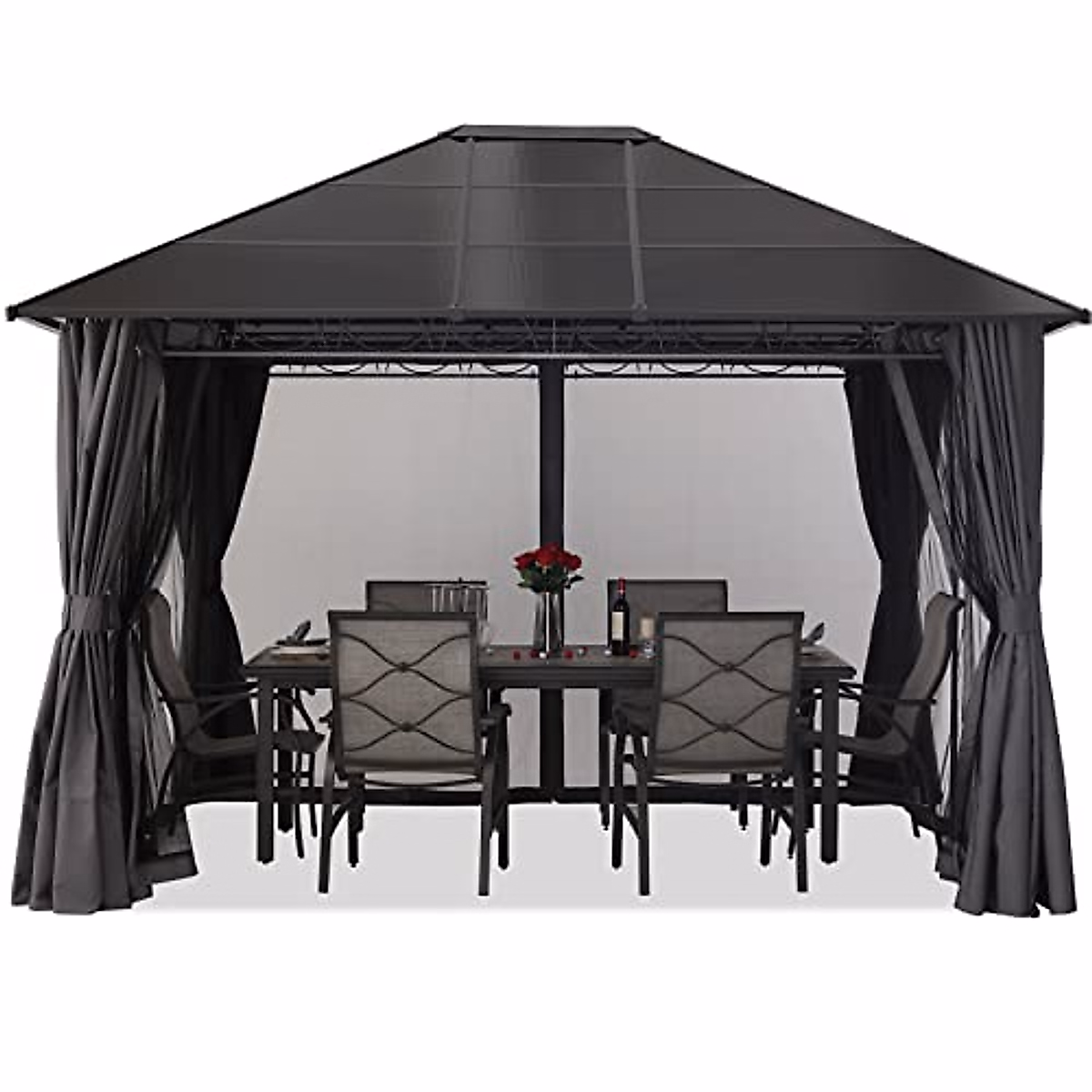 MASTERCANOPY 10x12 Outdoor Hardtop Gazebo Aluminum Frame Polycarbonate Top Canopy with Curtains and Netting, Dark Gray